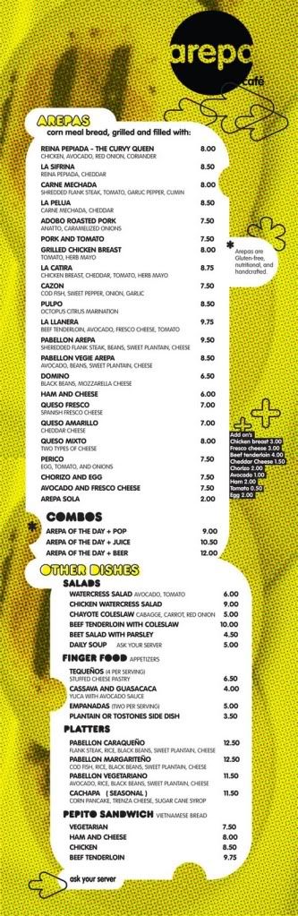 arepa café: menu